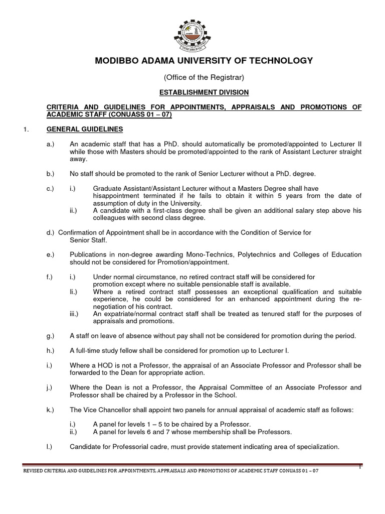 Criteria and Guidelines For Appointments, Appraisals and Promotions of | PDF | Academic Degree ...