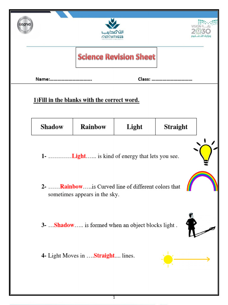 final revision sheet grade 1 - answers | PDF