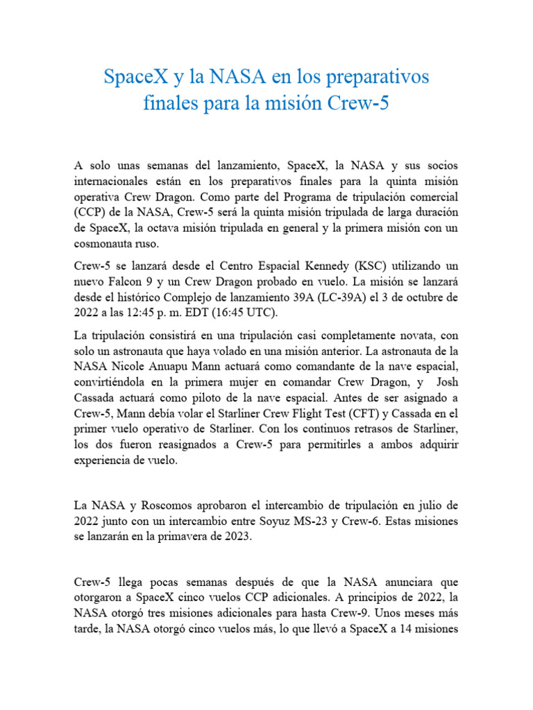 SpaceX y La NASA en Los Preparativos Finales para La Misión Crew | PDF | Space X Dragon | Espacio X