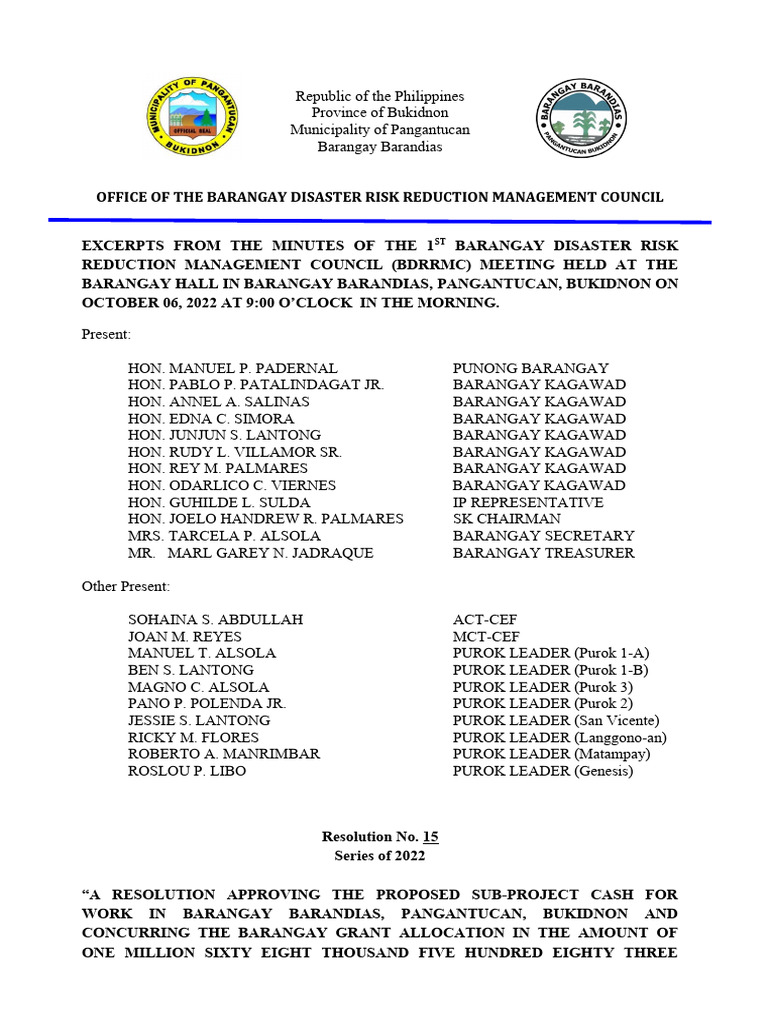 EDITED 1st BDRRMC Reso. Approving SP and Concurring Grant Allocation | PDF | Economies | Poverty