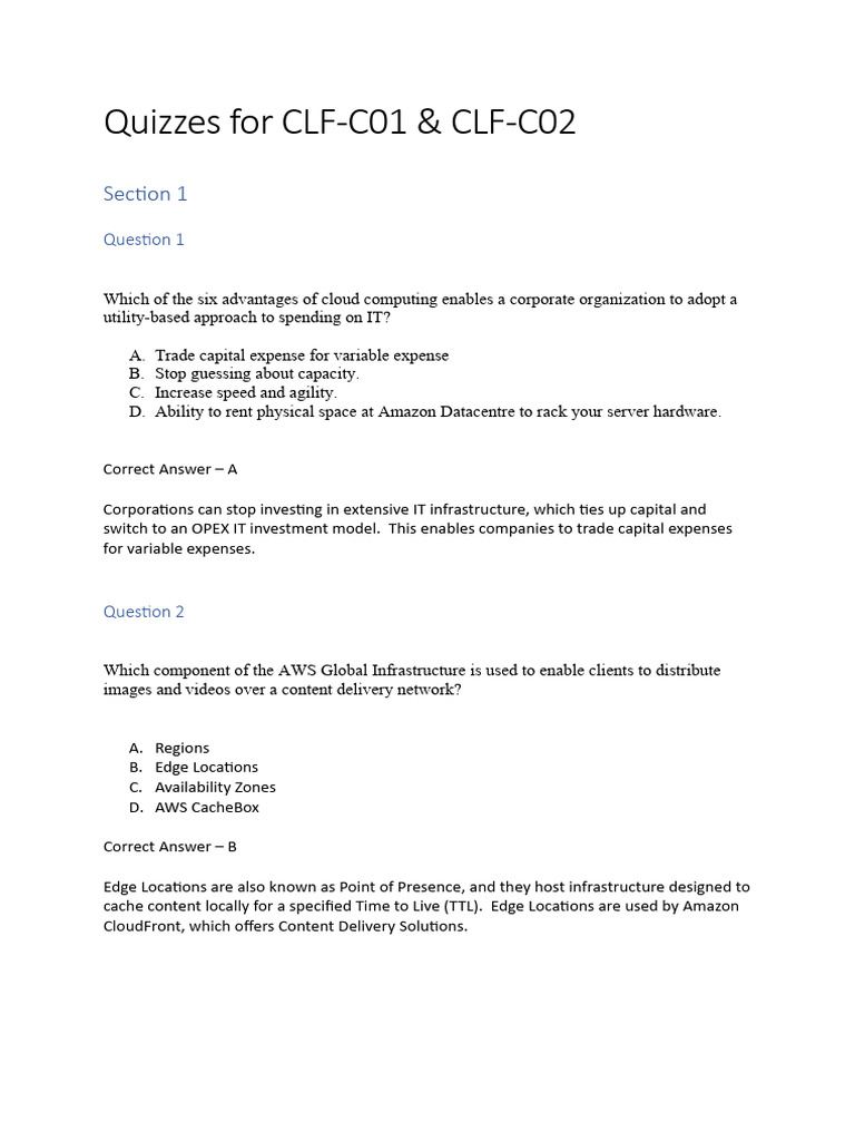 Course Quizzes For CLF-C01 and CLF-C02 | PDF | Cloud Computing | Amazon Web Services