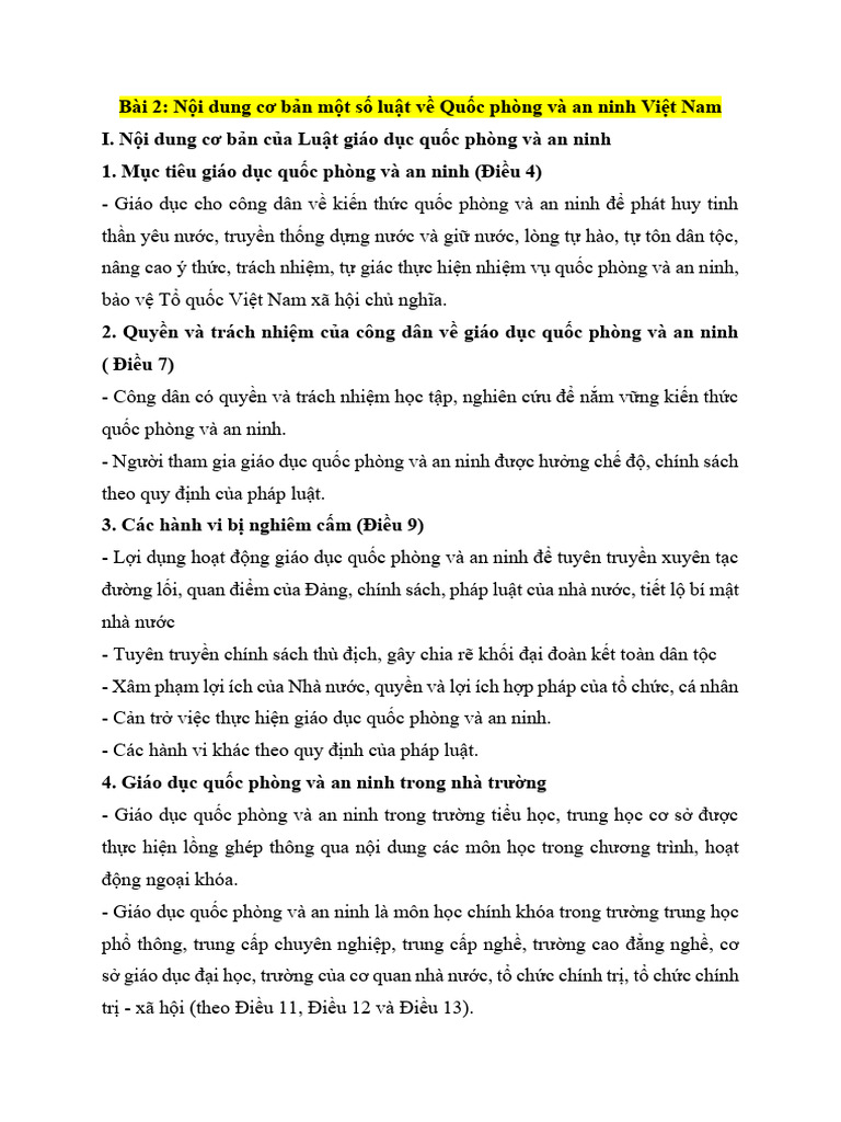 Ly Thuyet GDQP 10 Bai 2 Noi Dung Co Ban Mot So Luat Ve Quoc Phong Va A | PDF