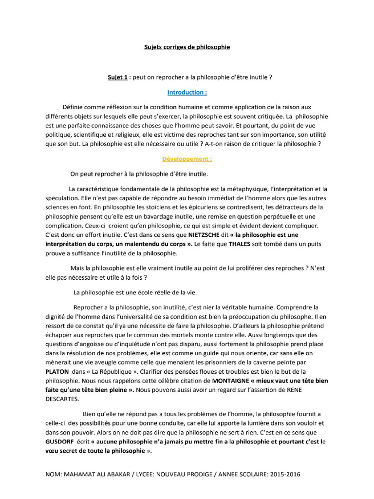 SUJETS TRAITE DE PHILOSOPHIE | PDF