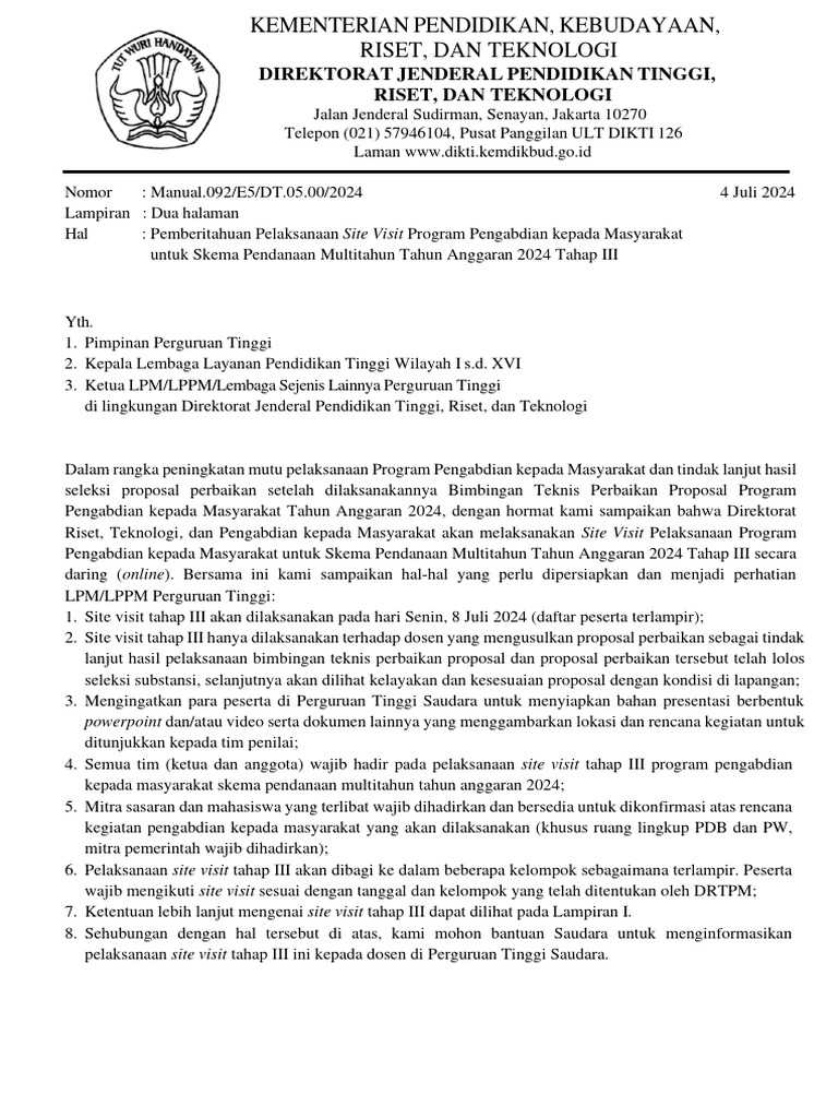 Pemberitahuan Pelaksanaan Site Visit Program Pengabdian Kepada Masyarakat Skema Pendanaan ...
