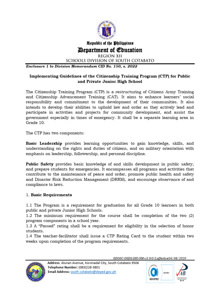 Enclosure 1 To DM CID No. 150 S. 2022 Implementing Guidelines of The Citizenship Training ...