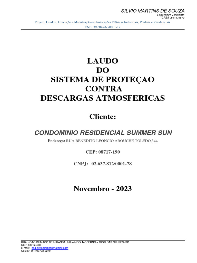 Laudo Do SPDA Edificio SUMMER SUN - 2023 | PDF | Eletricista | Relâmpago