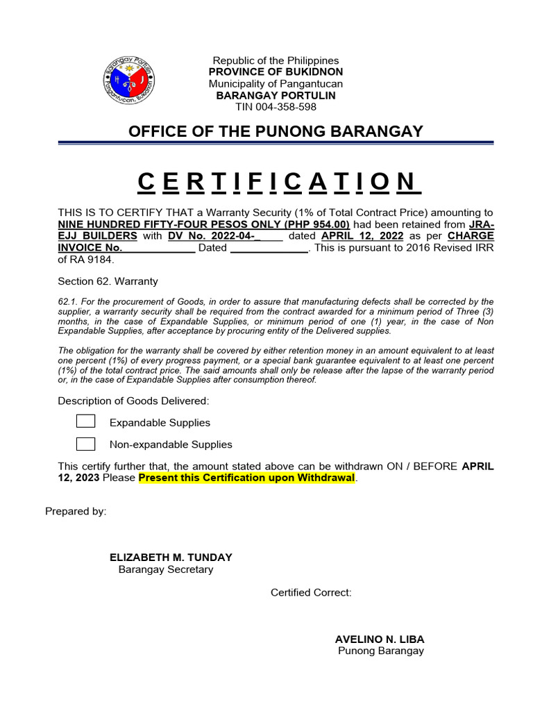 Retention Certificate | PDF