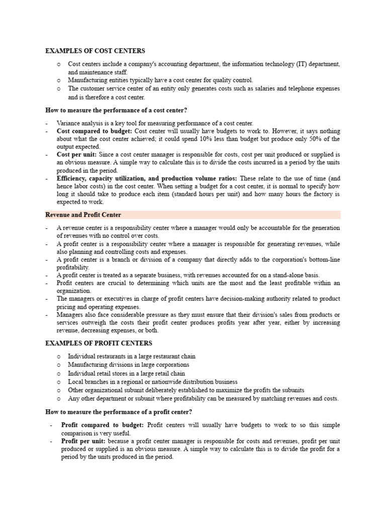 EXAMPLES OF COST CENTERS | PDF | Profit (Economics) | Revenue
