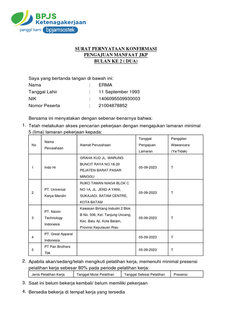 Surat Pernyataan Konfirmasi Pengajuan Manfaat Jkp Bulan Ke-2 | PDF