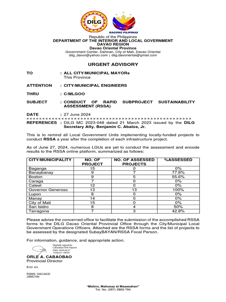 Advisory - Conduct of RSSA | PDF | Philippines | Government