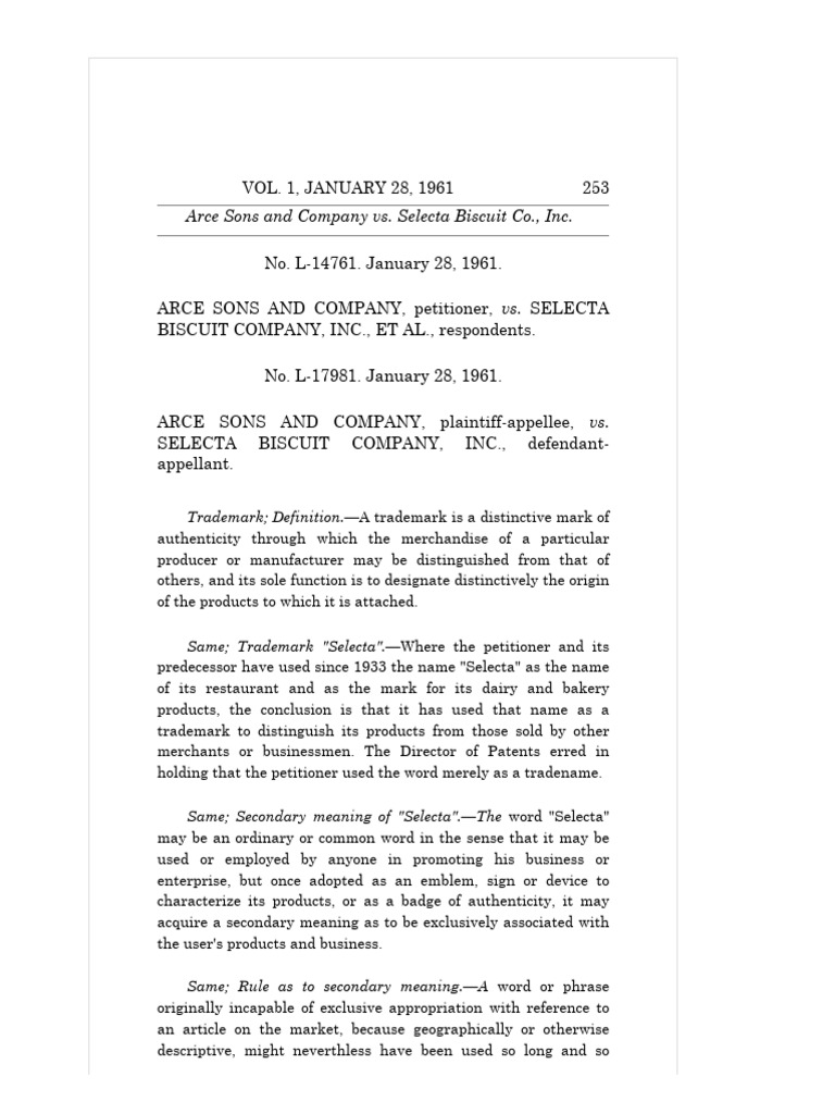 Arce Sons and Company vs. Selecta Biscuit Co., Inc., 1 SCRA 253 ...