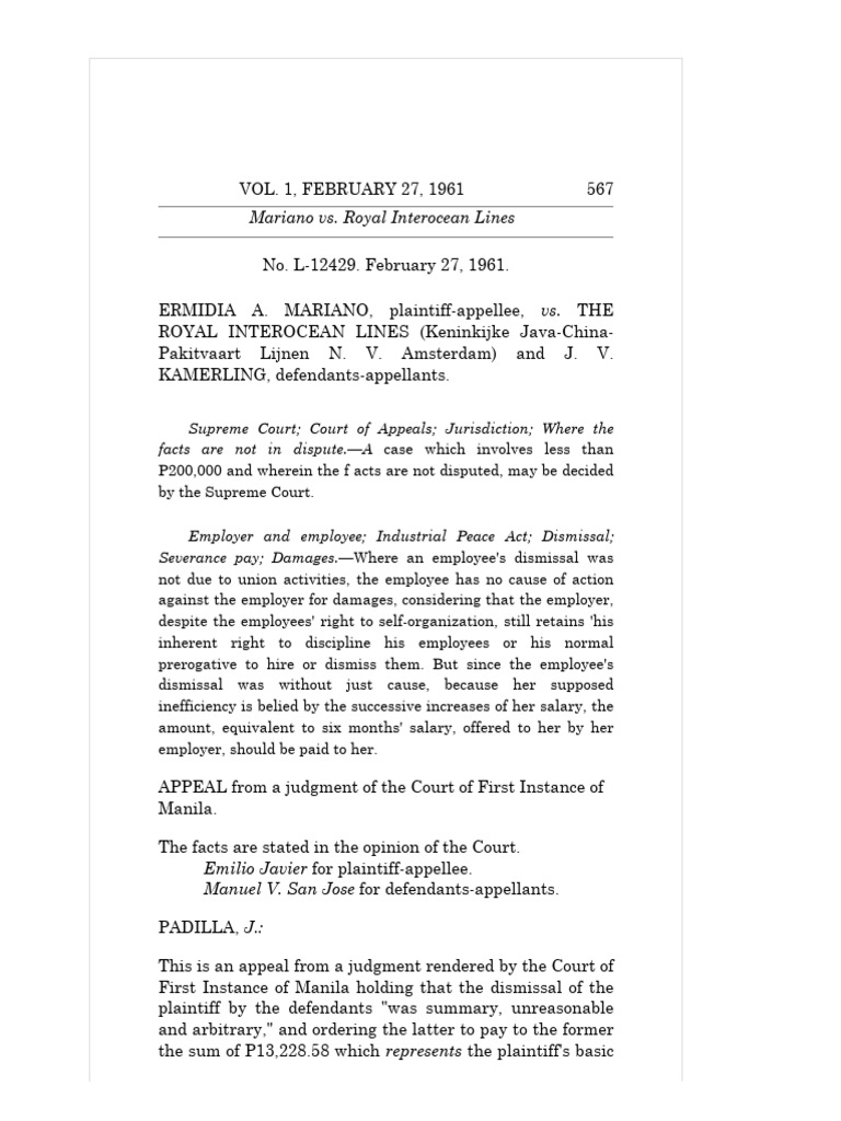 Mariano vs. Royal Interocean Lines, 1 SCRA 567, February 27, 1961 | PDF ...