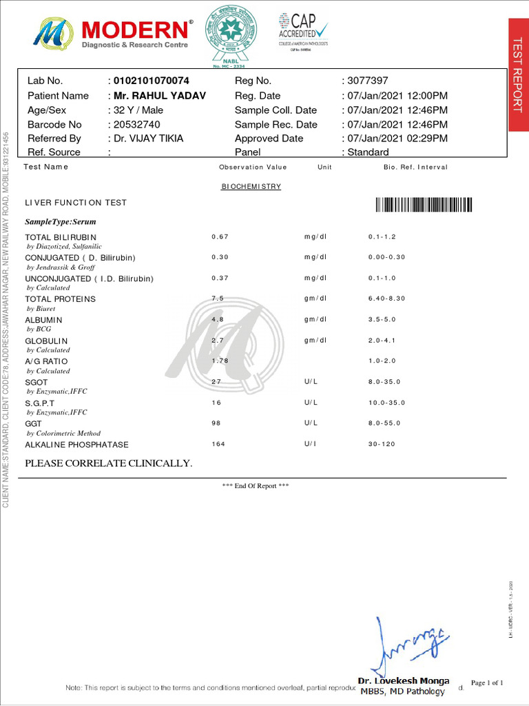 Labreportnew - LFT | PDF | Clinical Medicine | Liver