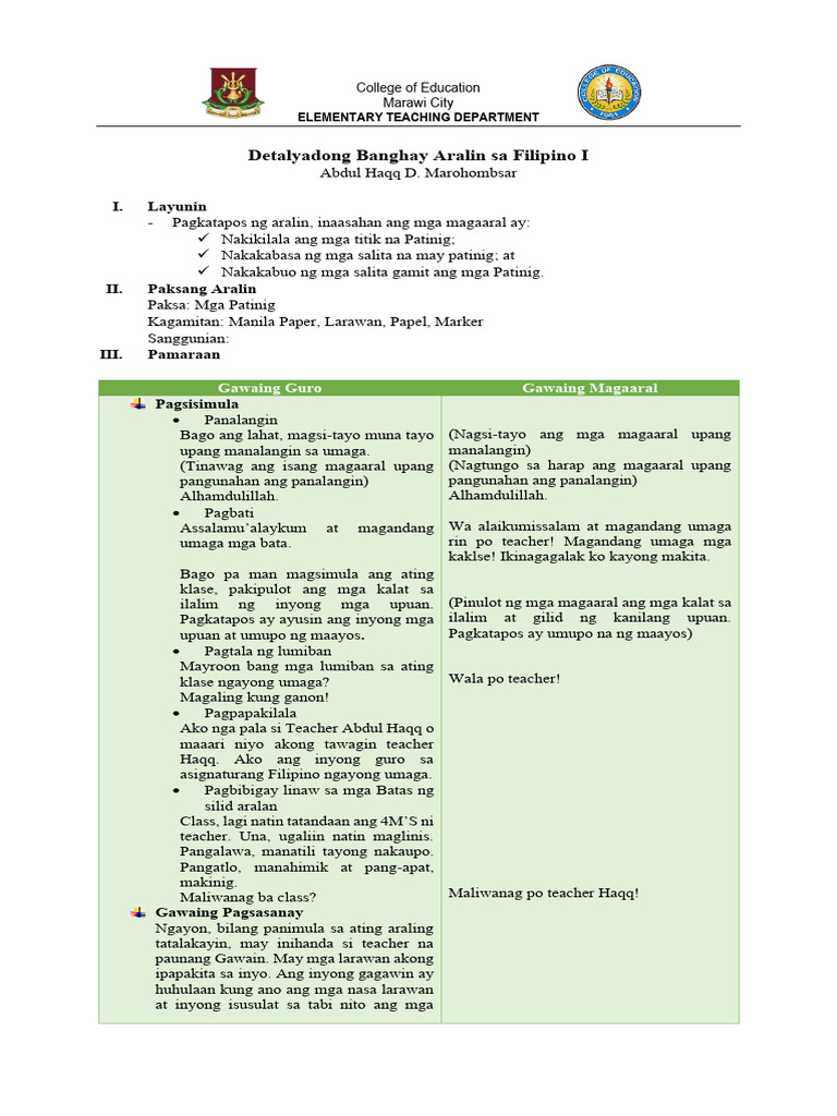 Detalyadong Banghay Aralin Sa Filipino I | PDF