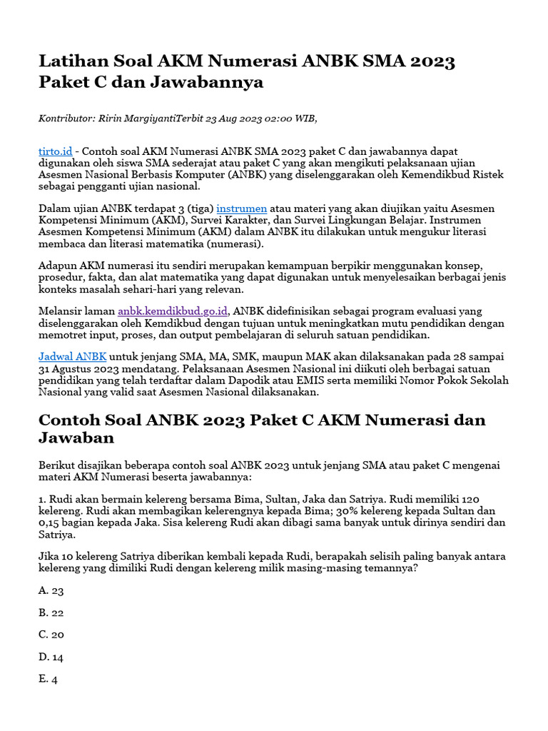 Contoh Soal Akm Numerasi Sma 01 | PDF