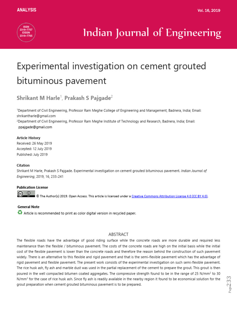Indian Journal of Engineering: Experimental Investigation On Cement ...
