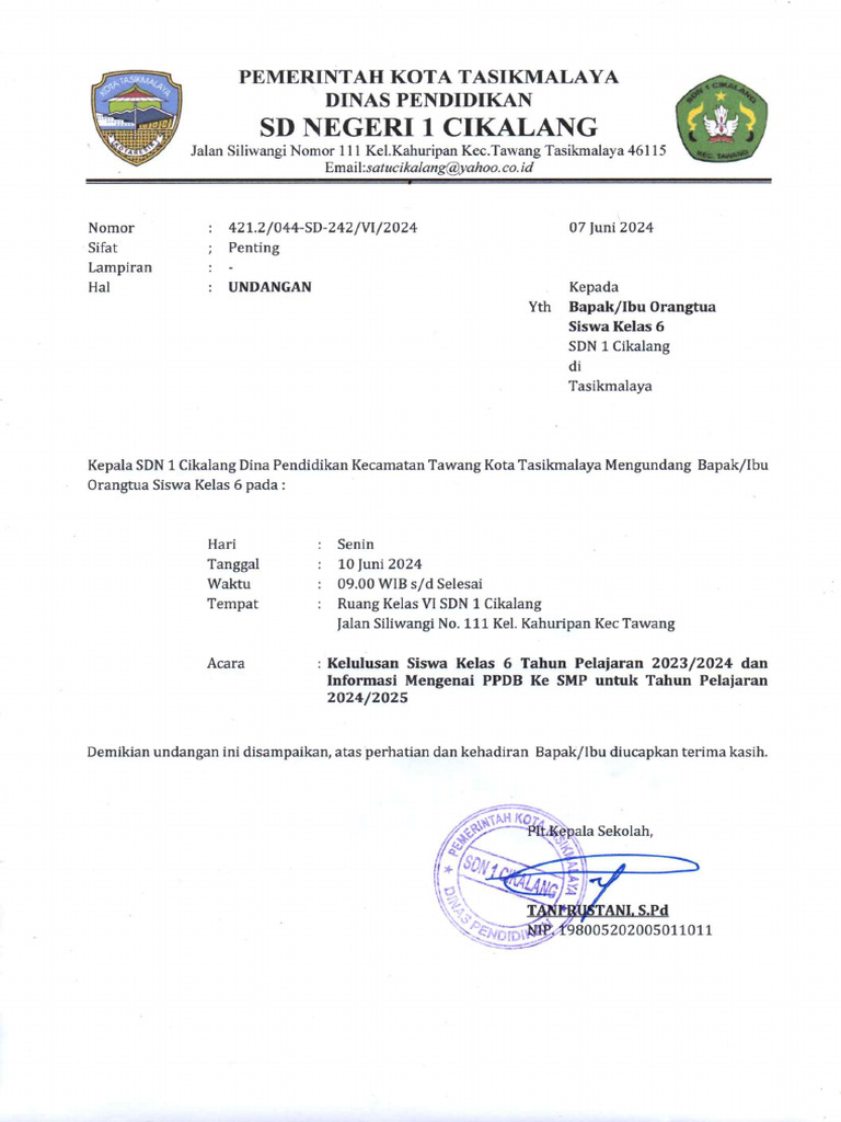 Surat Undangan Rapat Orang Tua Siswa Kelas Vi SDN 1 Cikalang Tahun Pelajaran 2023-2024 | PDF