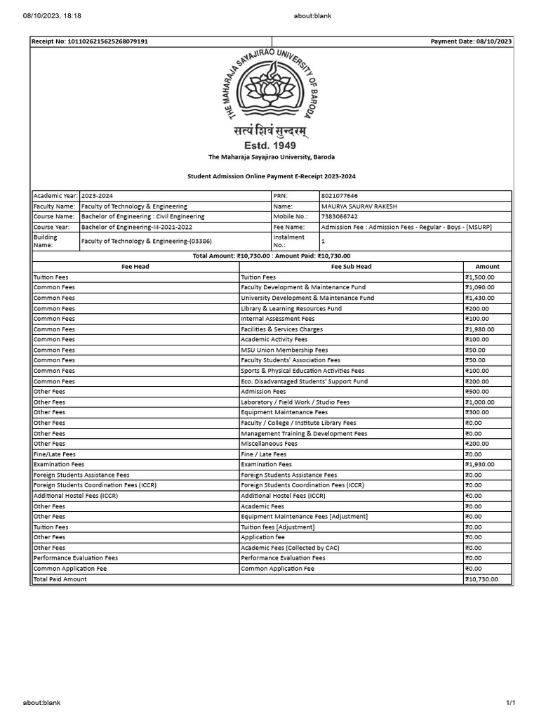 BE-3 Fee Receipt - MSU - Saurav Maurya | PDF | Fee BE-3 Fee Receipt - MSU - Saurav Maurya | PDF | Fee