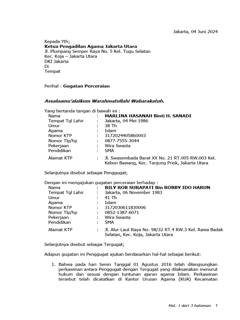 Contoh Surat Gugatan Perceraian Islam | PDF | Hukum
