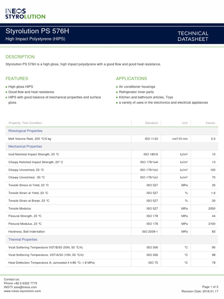 576H TDS | PDF | Polystyrene | Strength Of Materials