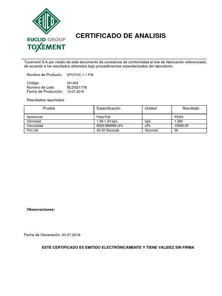 Certificado de Análisis de Toxement | PDF | Ciencia y matemáticas | Tecnología