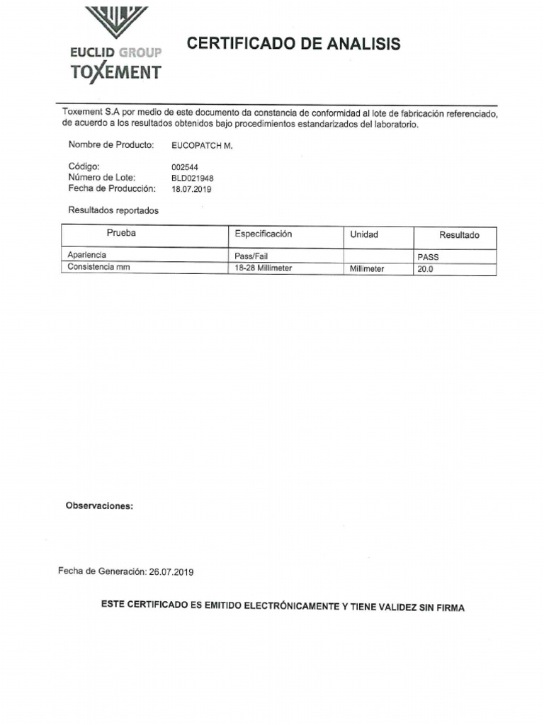 Certificado de Calidad Del Eucopatch M | PDF