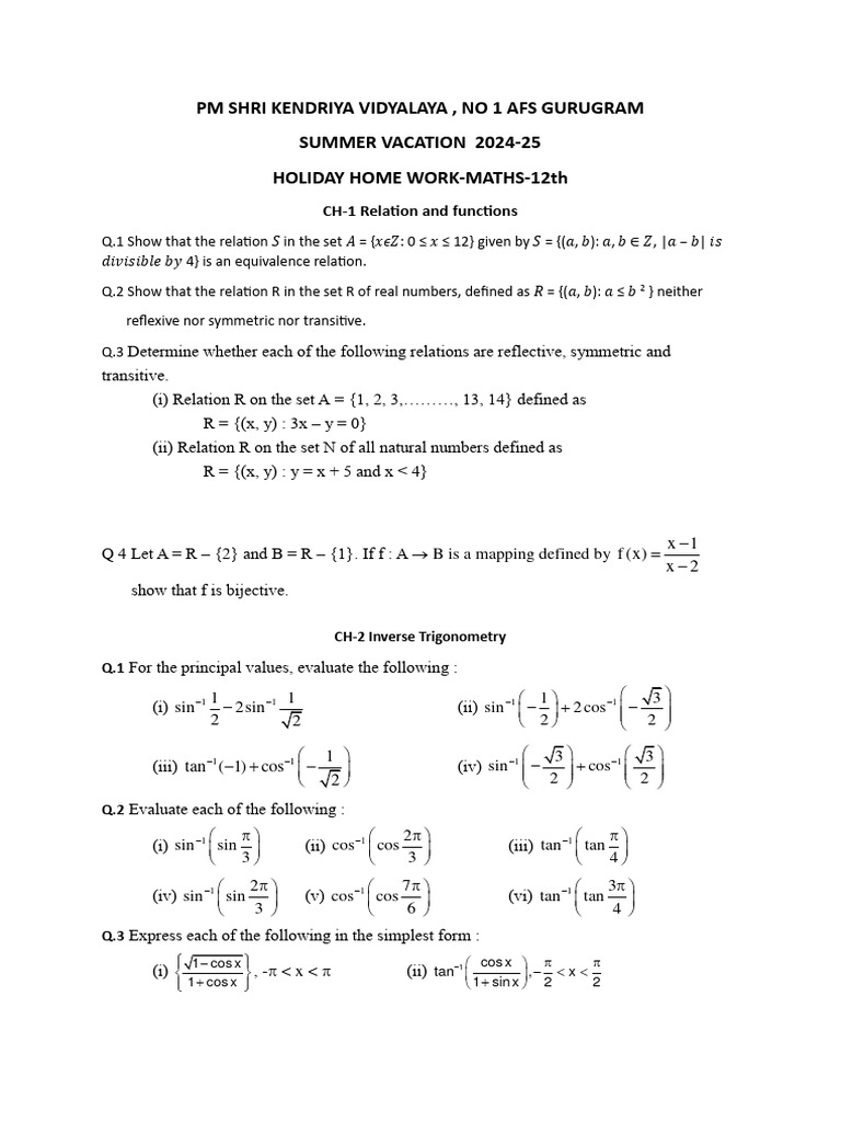 Summer HW 12 Maths | PDF | Mathematical Concepts | Mathematical Relations
