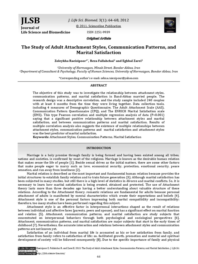 The Study of Adult Attachment Styles, Communication Patterns, and ...