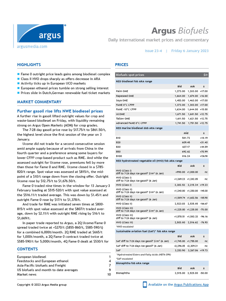 Argus Biofuels Daily International Prices and Commentary 2023-01-06 ...