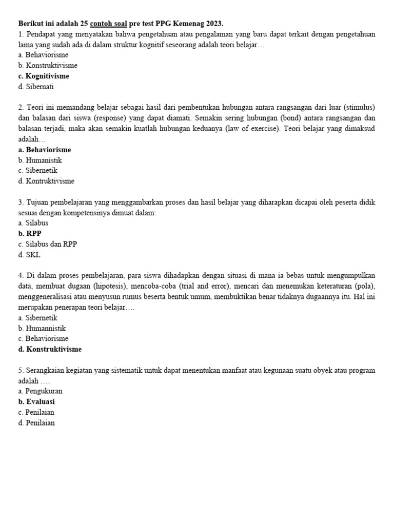 Berikut Ini Adalah 25 Contoh Soal Pre Test PPG Kemenag 2023 | PDF