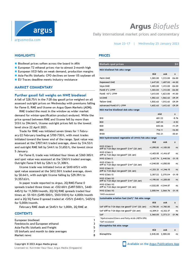 Argus Biofuels Daily International Prices and Commentary 2023-01-25 ...