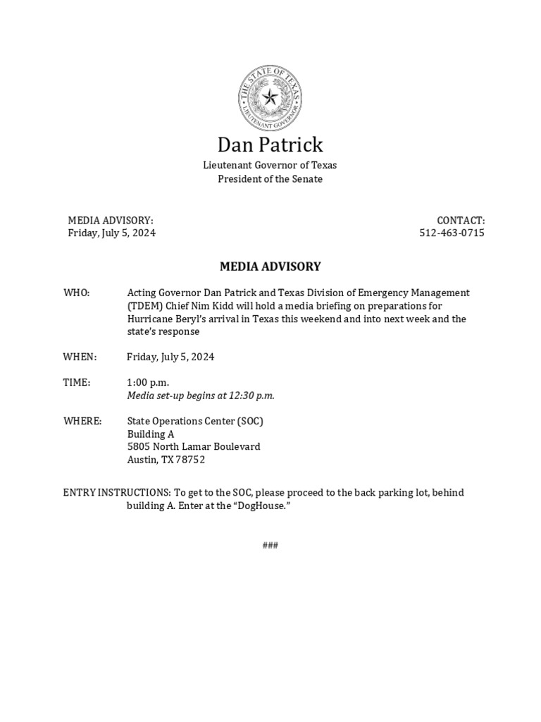MA 07 05 2024 Lt. Gov. Dan Patrick Media Advisory | PDF | Politics