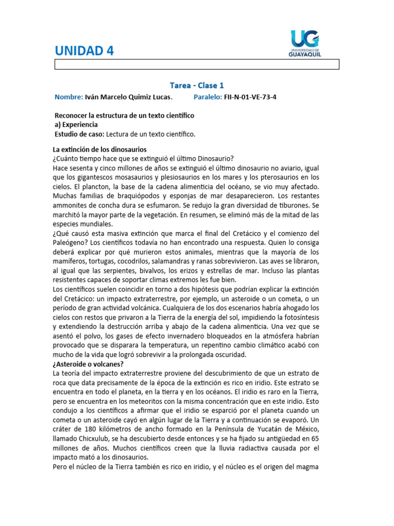 Actividad 1 Unidad 4 | PDF | Dinosaurios | Ciencias de la Tierra