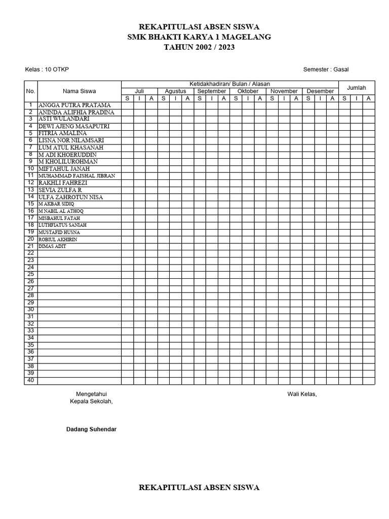 Rekap Absen Siswa SMK Bhakti Karya 1 | PDF