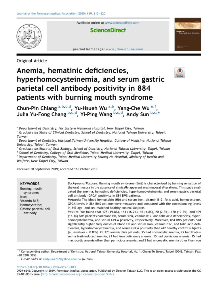 Anemia Hematinic Deficiencies Hyperhomocysteinemia A - 2020 - Journal ...