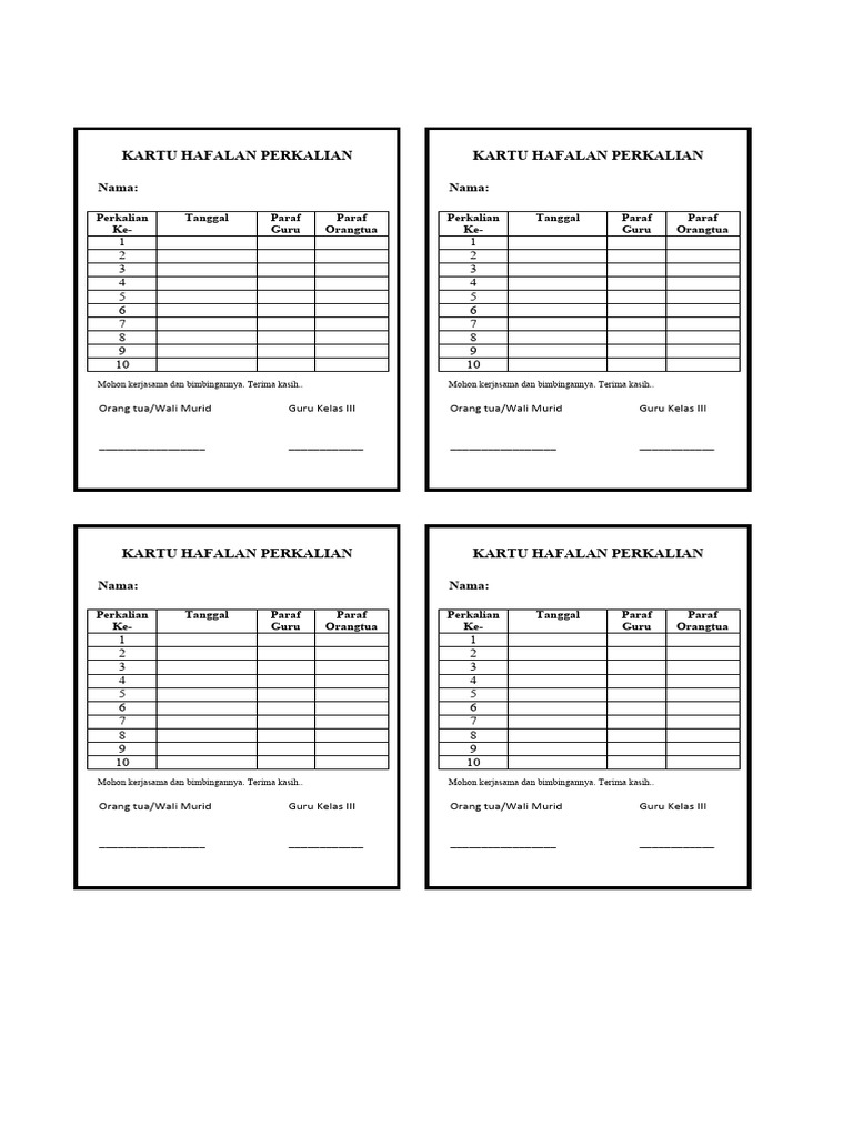 Kartu Hafalan Perkalian | PDF