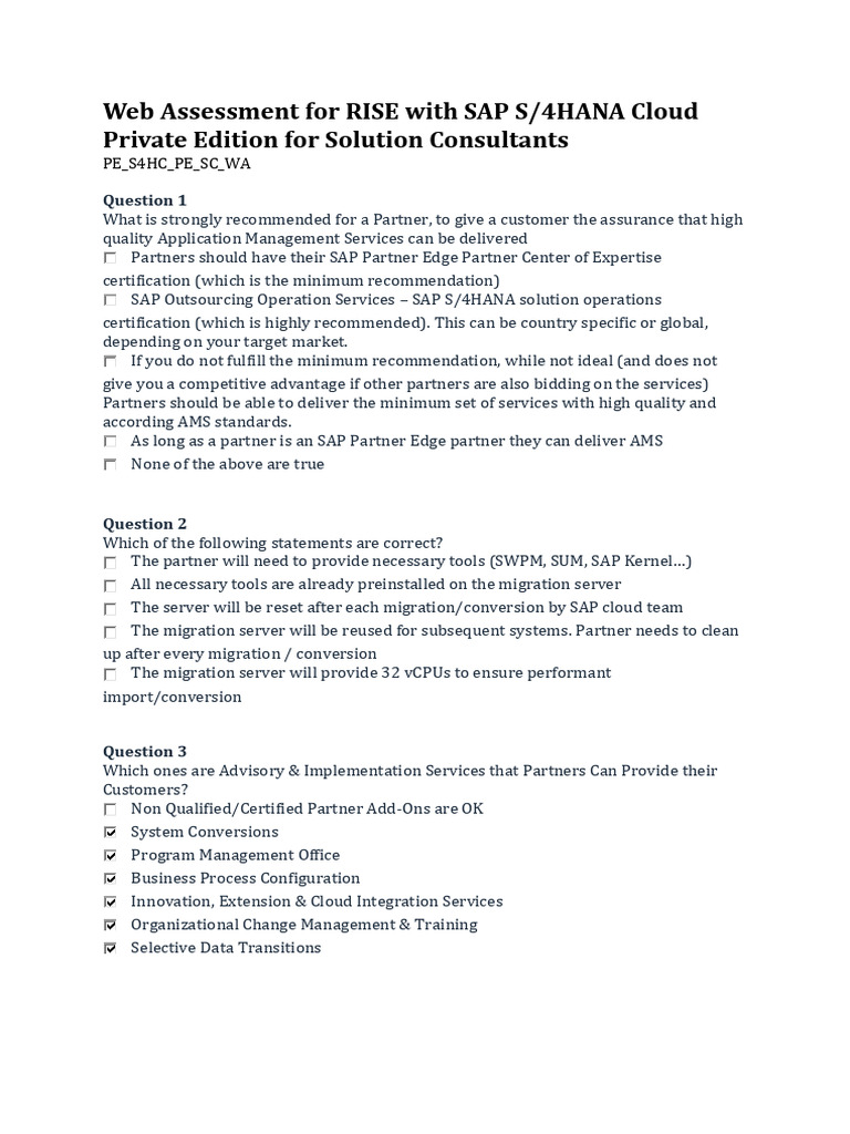 Web Assessment for RISE with SAP S.4HANA Cloud Private Edition for Solution Consultants | PDF ...