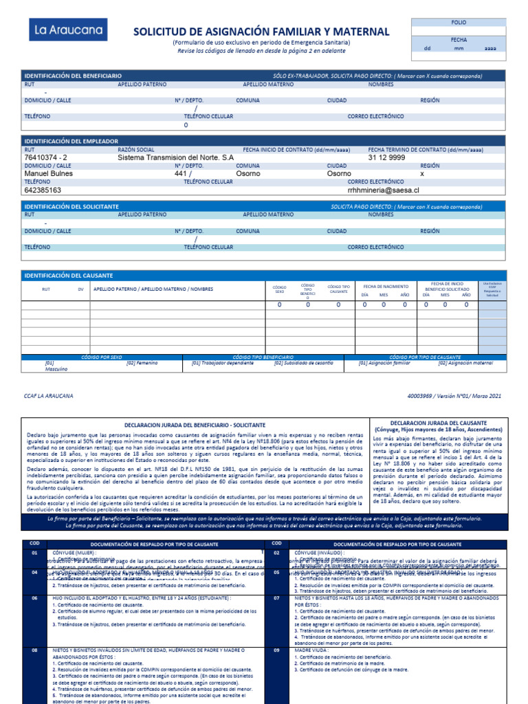 Solicitud de Asignación Familiar y Maternal | PDF | Certificado de nacimiento | Pensión