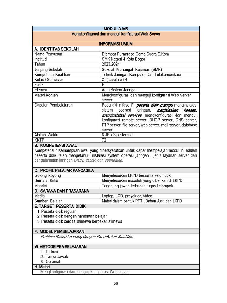 LK7a. FORM MODUL AJAR MAPEL TJKT - 8. Mengkonfigurasi Dan Menguji Konfigurasi Web Server | PDF ...