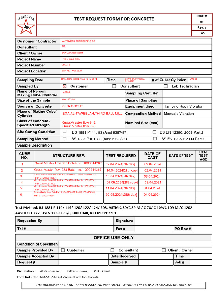 1.0 CIV-FRM-001-06-01 Test Request Form For Concrete | PDF | Structural ...
