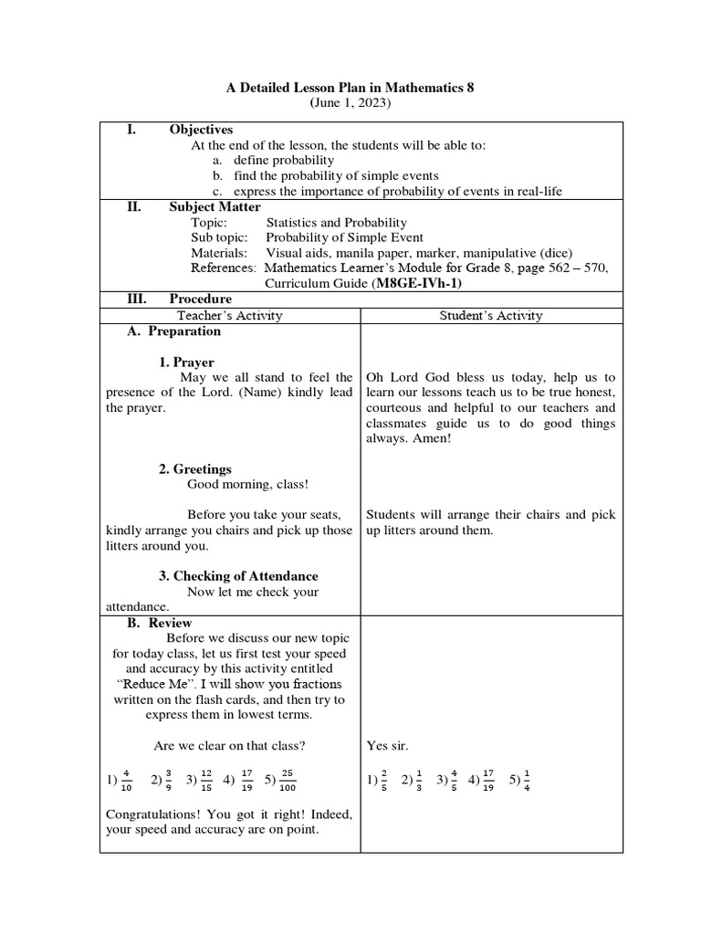 Lesson Plan: Probability of Simple Events | PDF | Probability | Numbers