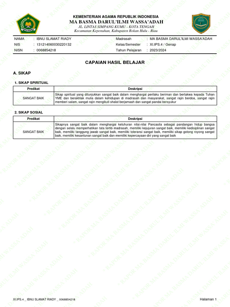 Rapor Xi - Ips.4 - Ibnu Slamat Riady | PDF