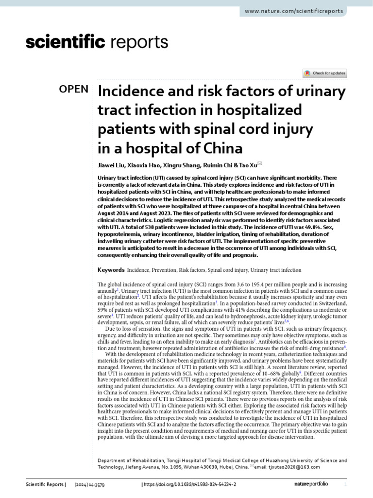 UTI Incidence in Chinese SCI Patients | PDF | Urinary Tract Infection ...