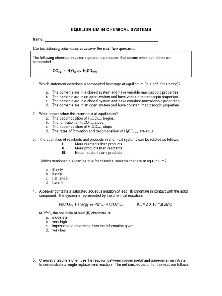 16.6 EQUILIBRIUM Practice Test | PDF | Chemical Equilibrium | Chemical ...