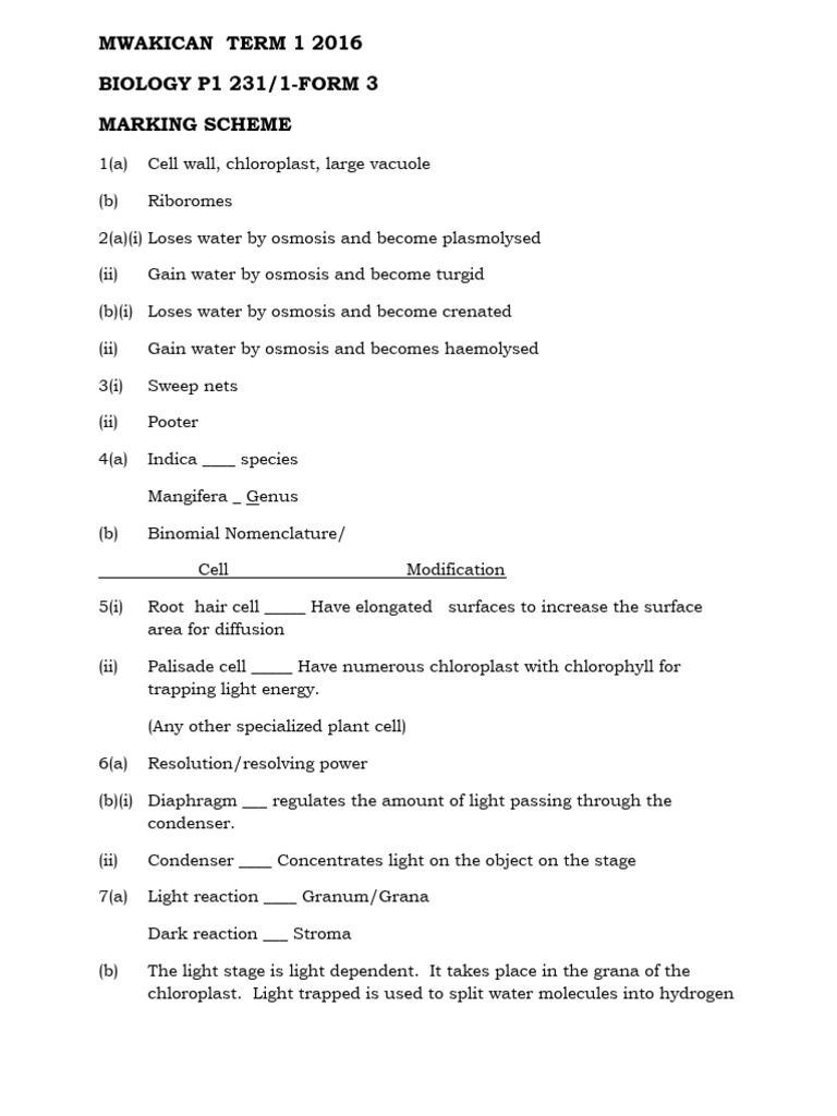 Biology Form 3 Paper 1 M Scheme Mod21042022001 | PDF | Cellular ...