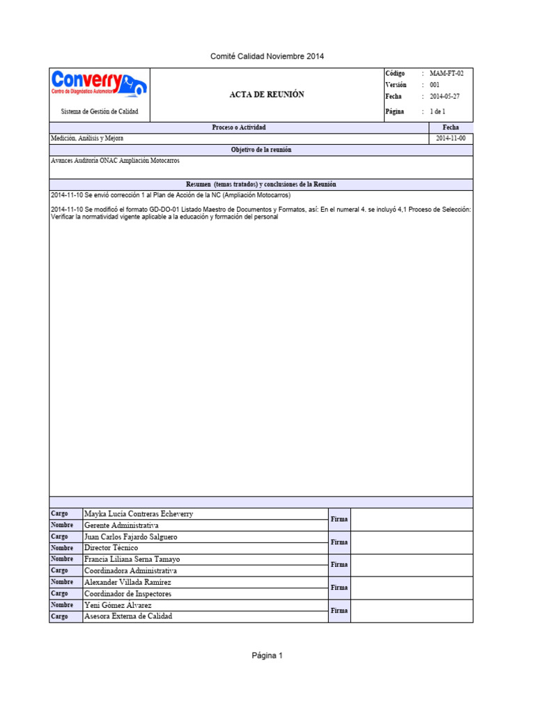 MAM-FT-02 Acta de Reuni N | PDF | Auditoría | Sistema de manejo de calidad