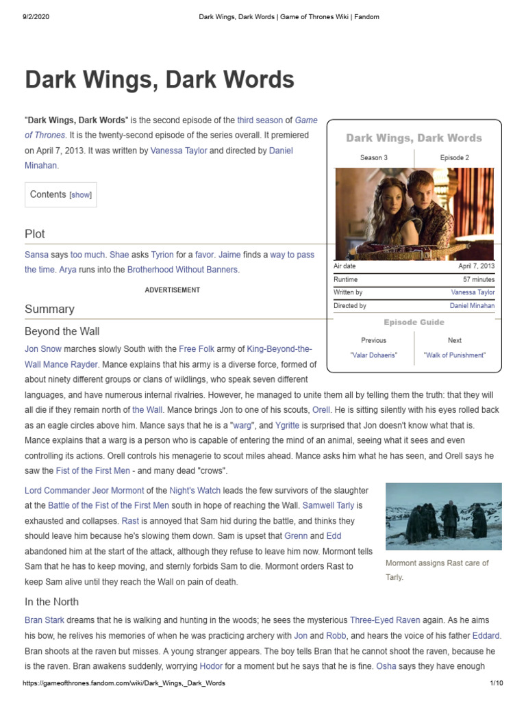 02 - Dark Wings, Dark Words - Game of Thrones Wiki - Fandom | PDF ...