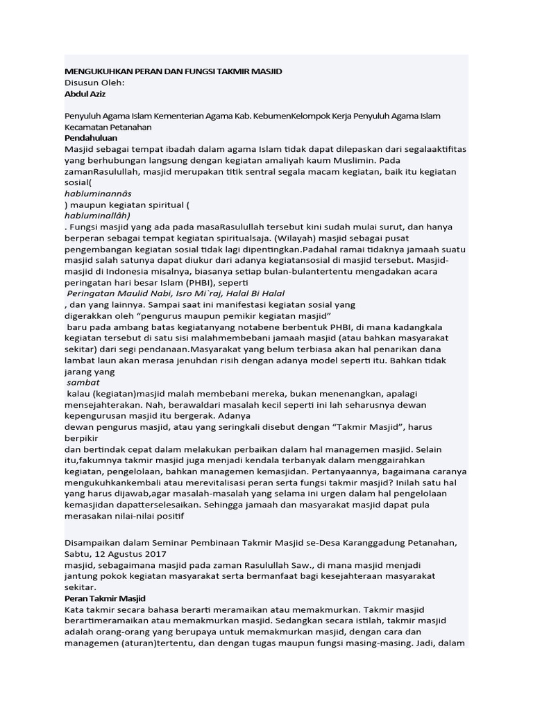Mengukuhkan Peran Dan Fungsi Takmir Masjid | PDF