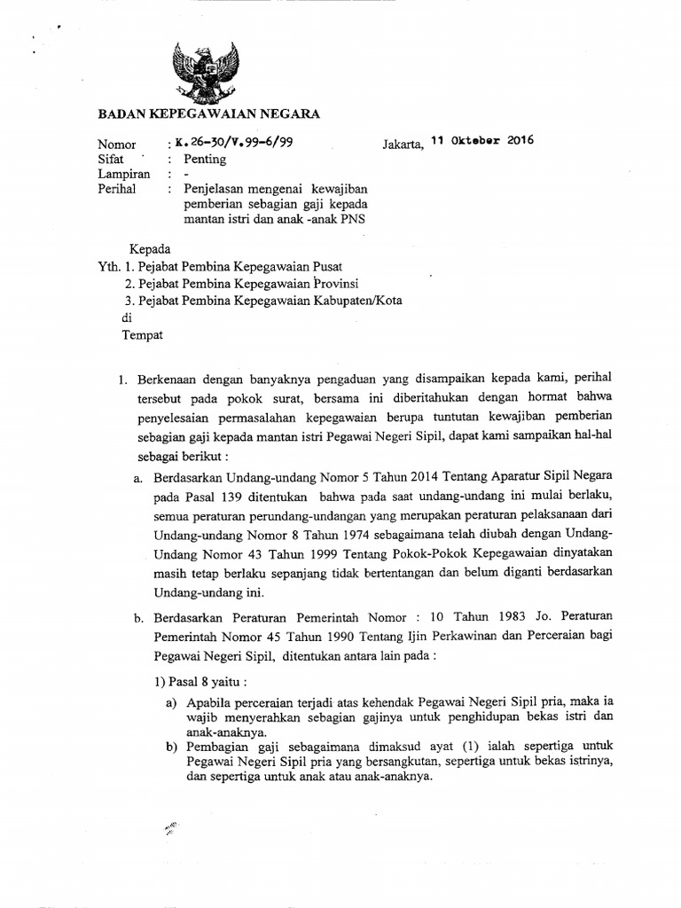 Surat Kepala BKN Nomor K.26-30 V.99-6 99 - Penjelasan Kewajiban Pemberian Sebagian Gaji Kepada ...