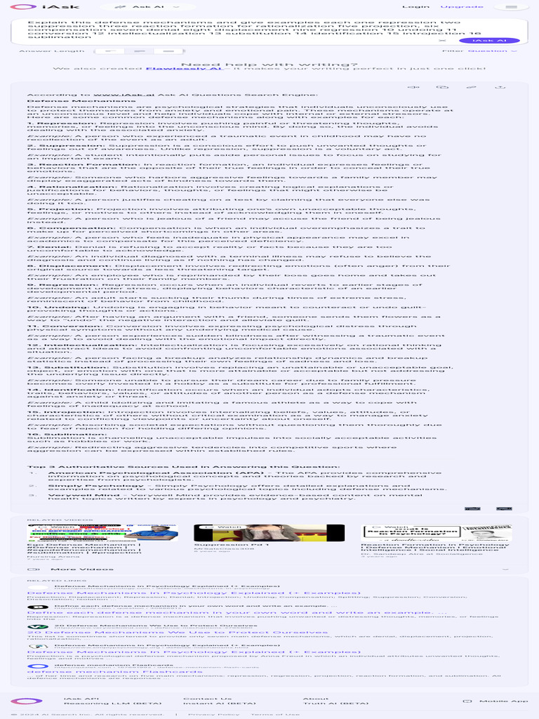 Iask Question Explain This Defense Mechanisms and Give Examples Each One Repression Two ...